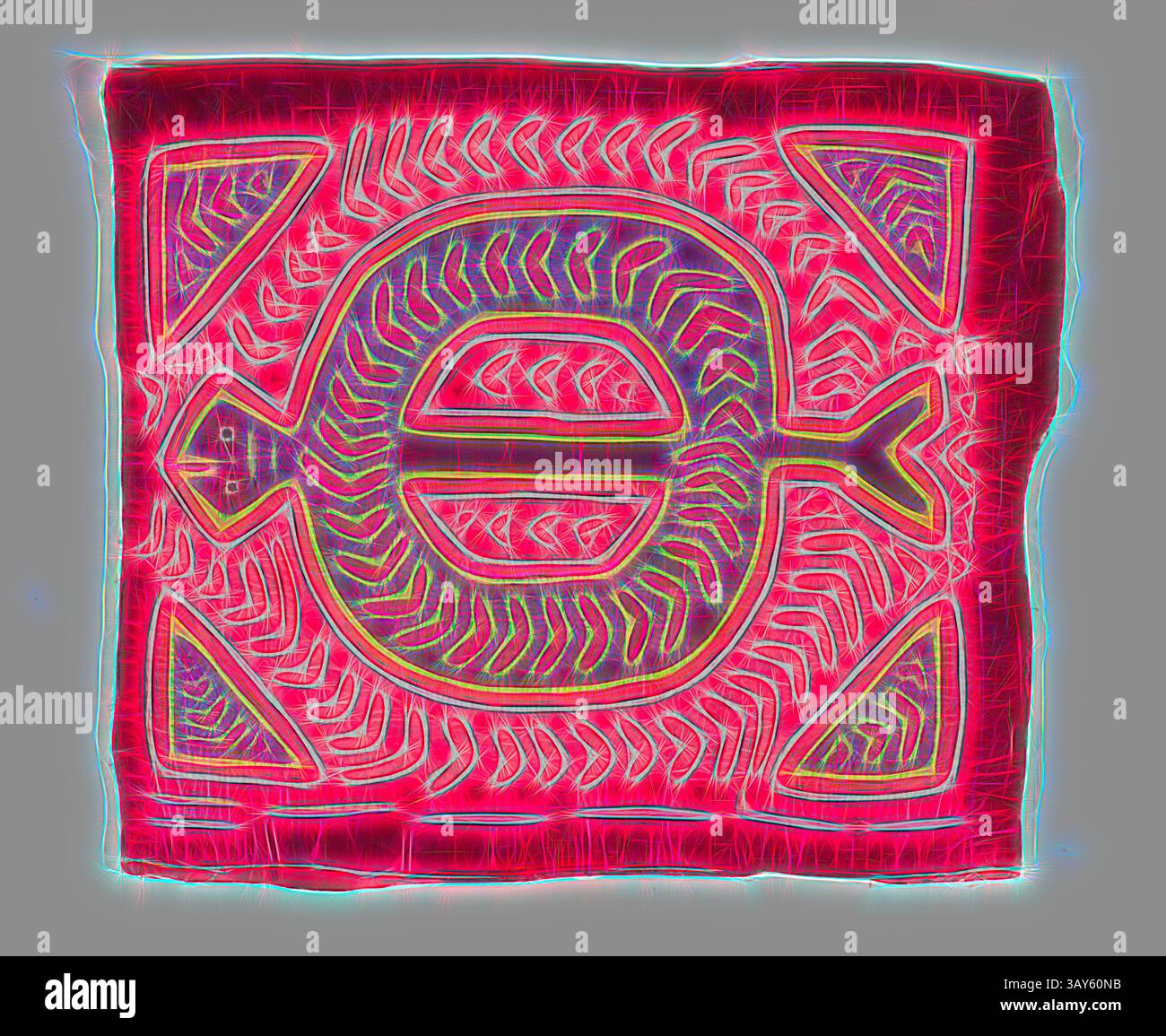 A vibrant textile design featuring a large, stylized fish at the center ...