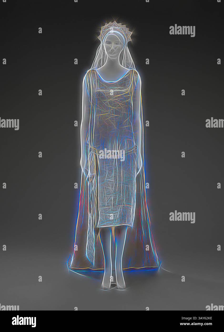 A stylized figure draped in a flowing gown, adorned with a radiant ...