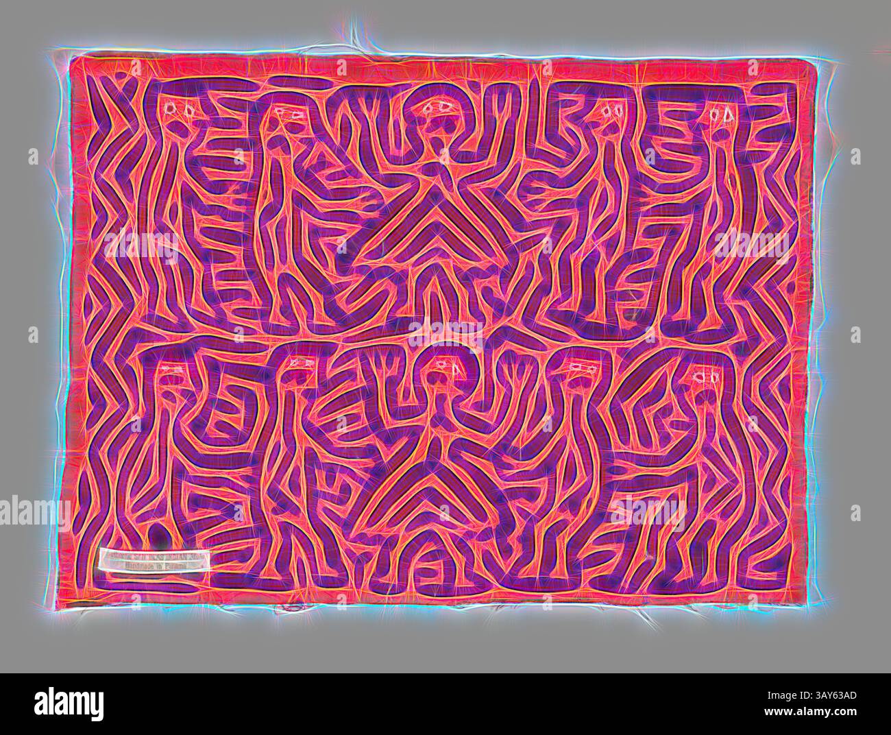 A vibrant textile design features repeated abstract figures intertwined ...