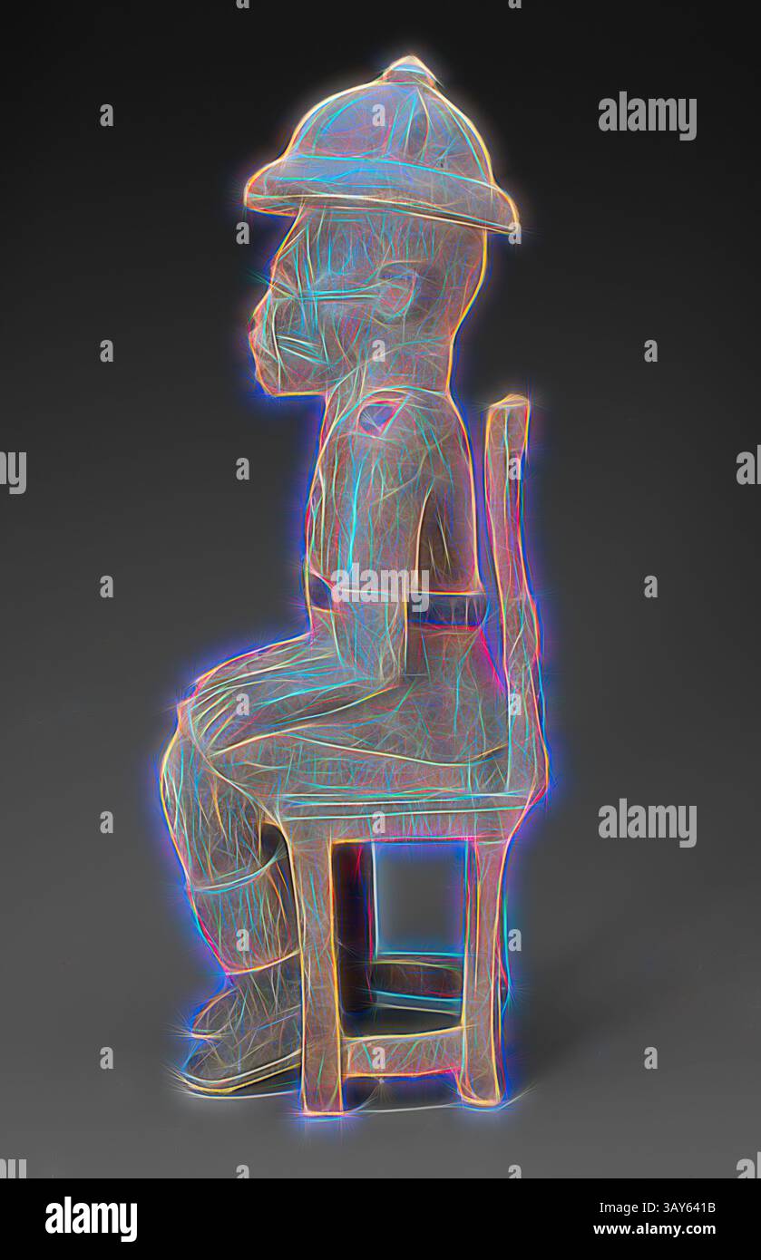 A stylized wooden sculpture of a seated figure wearing a hat ...