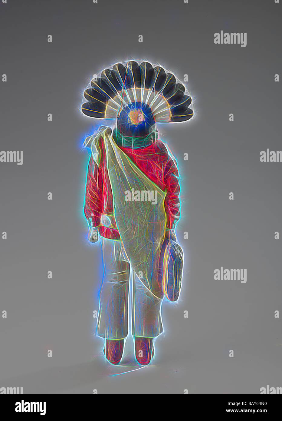 A figure adorned in traditional attire, featuring a vibrant headdress ...