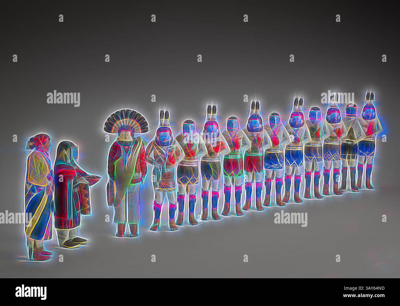 A vibrant procession of individuals in traditional attire stands in ...