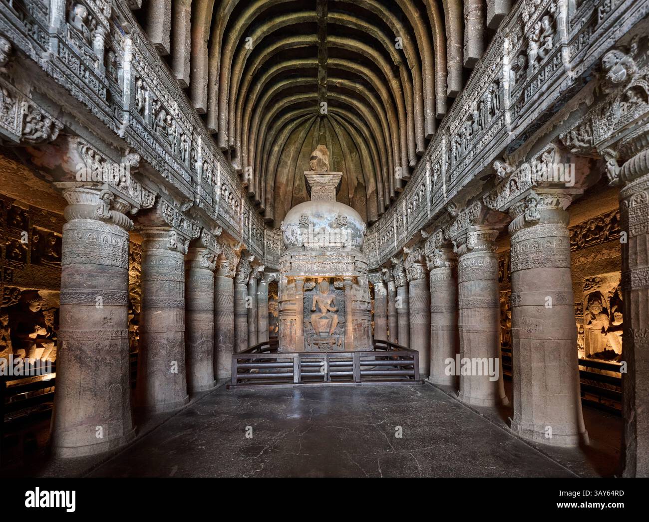 Ajanta caves, interior shot with stone carvings of Cave No. 26 ...