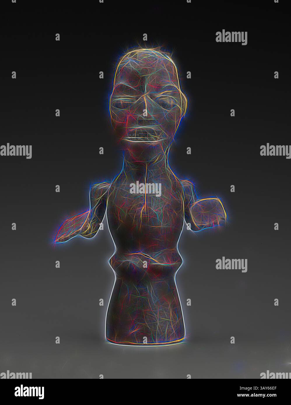 A stylized sculpture of a human figure, featuring exaggerated facial ...