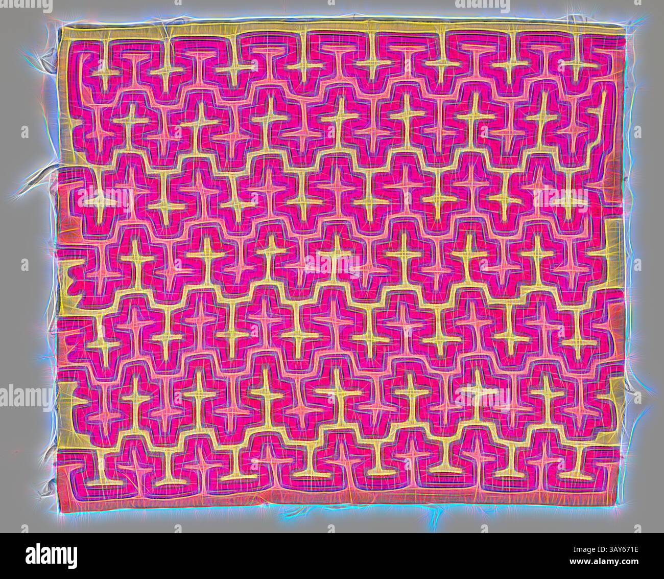 A vibrant textile featuring a geometric pattern of interlocking shapes ...