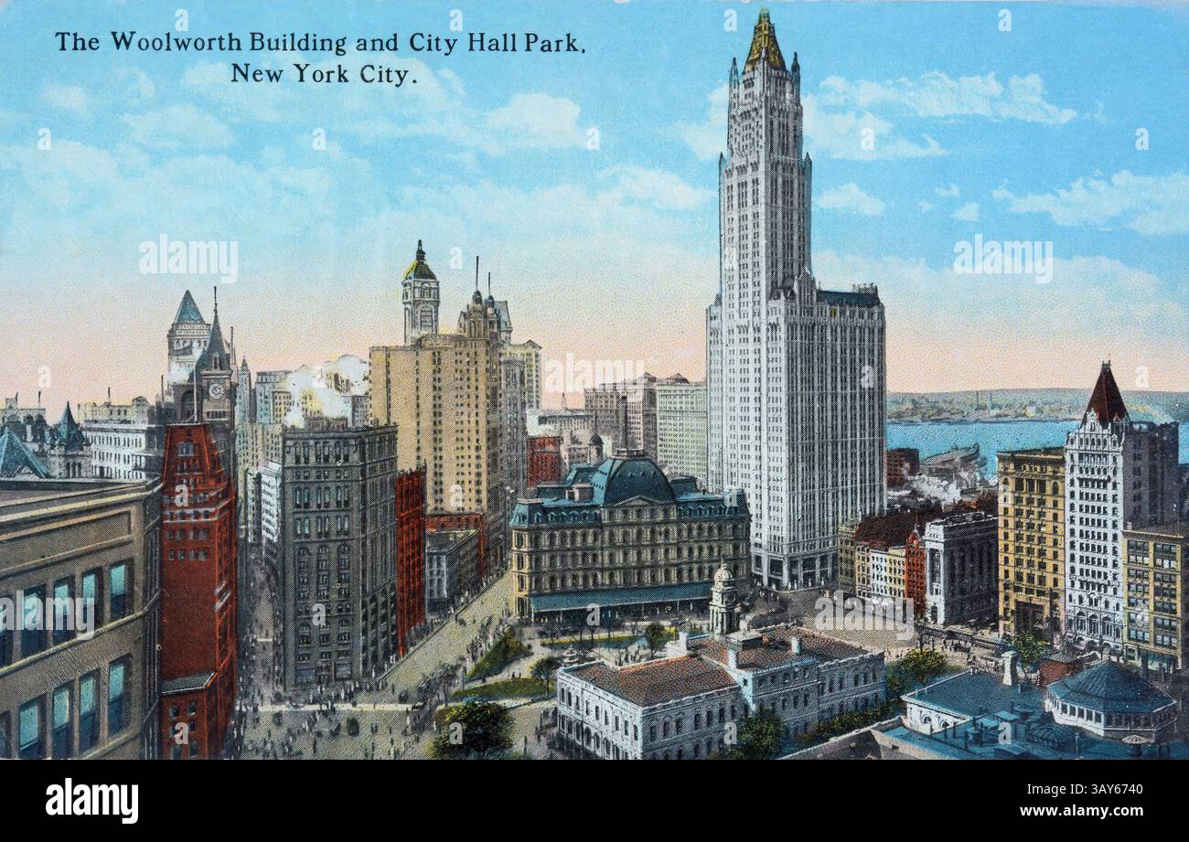 Old postcard. Woolworth Building and City Hall Park view in New York ...