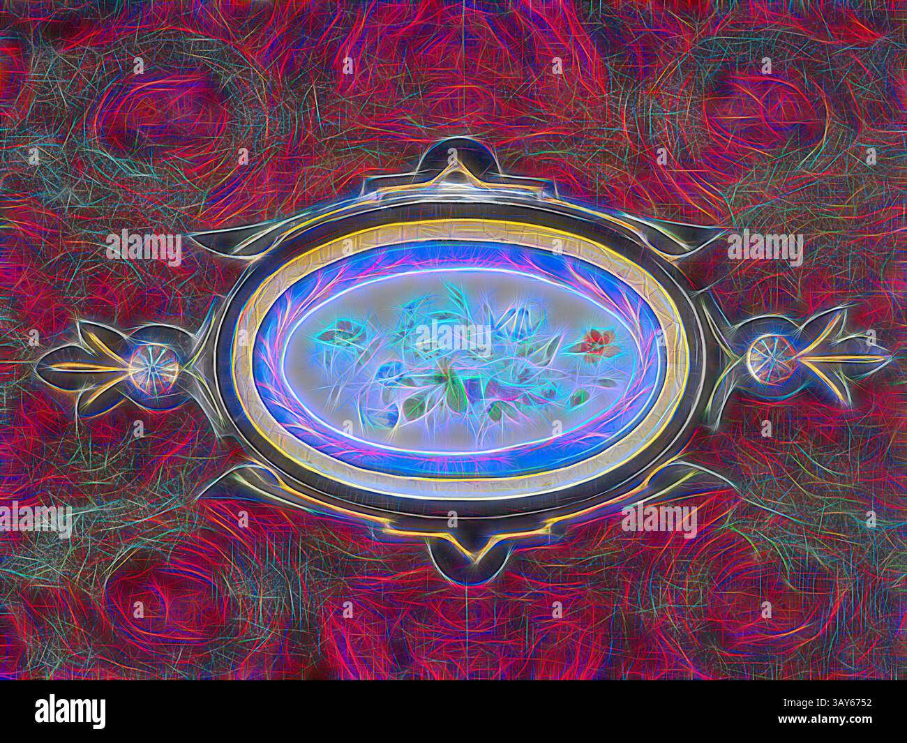 A beautifully ornate frame surrounds a vivid depiction of delicate ...