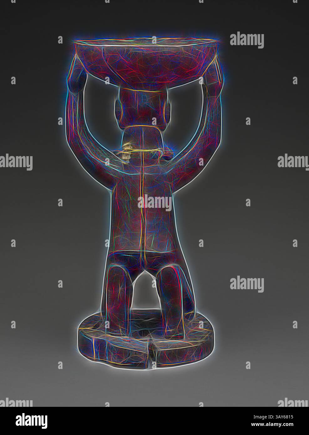 A stylized figure holds a bowl above its head, showcasing intricate ...