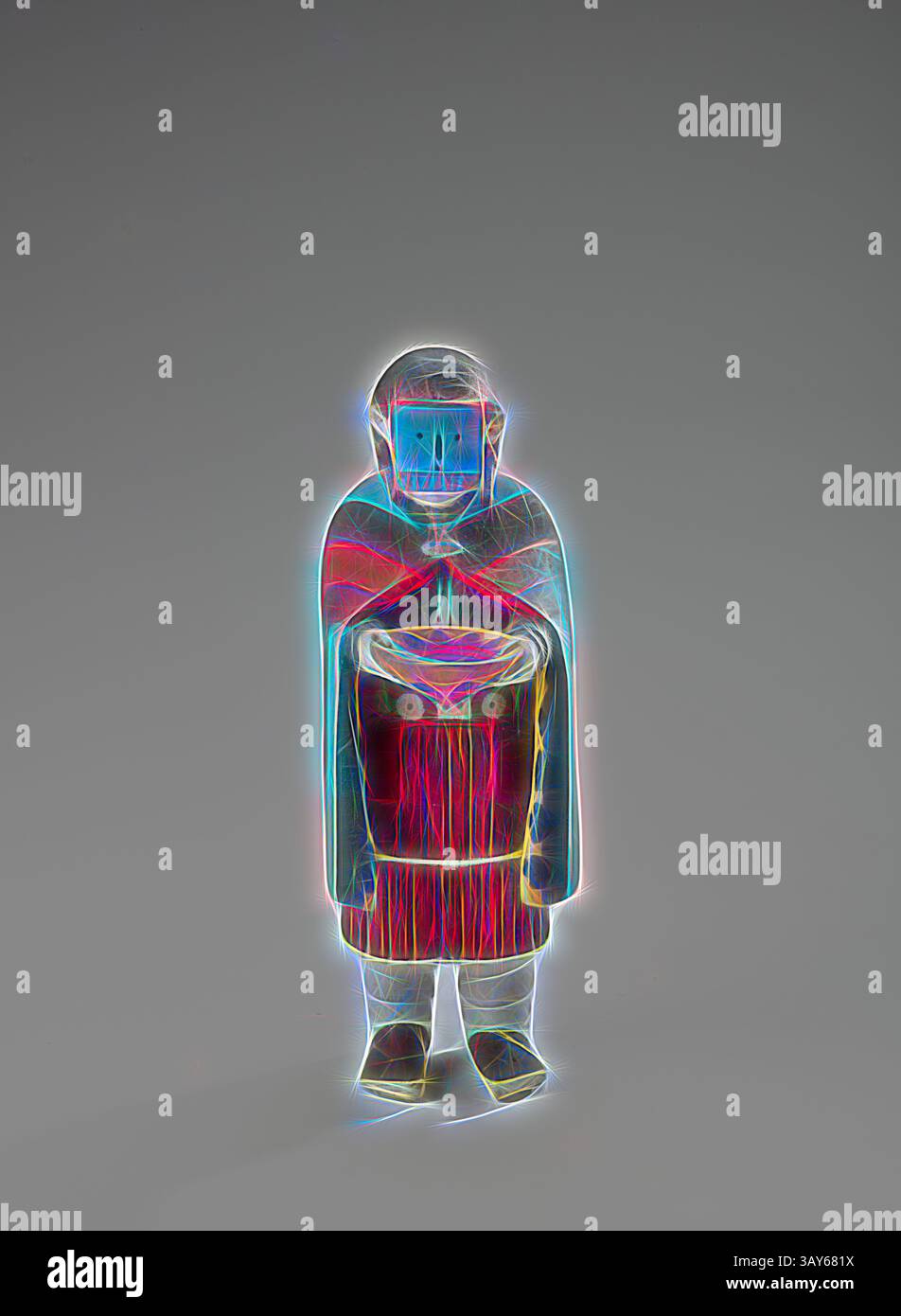 A stylized figure stands upright, clad in traditional attire and ...