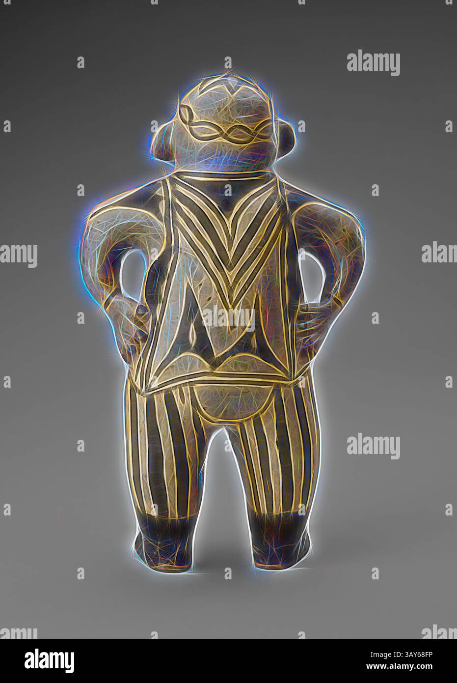 A stylized figurine with exaggerated features and patterns, standing ...