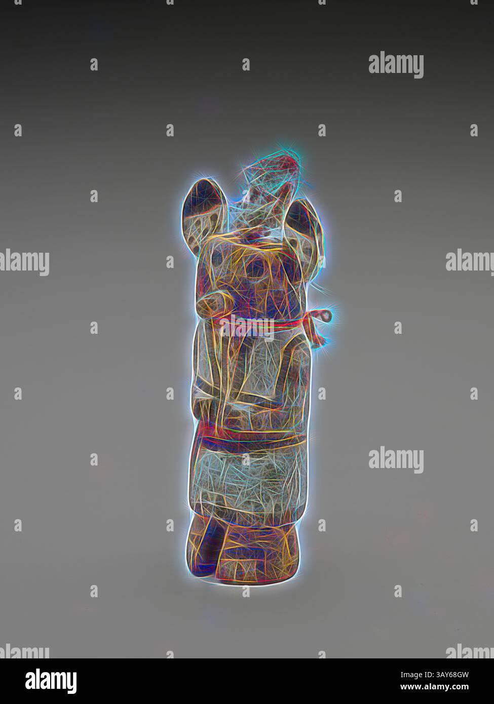 A carved wooden figure featuring intricate designs and multiple ...