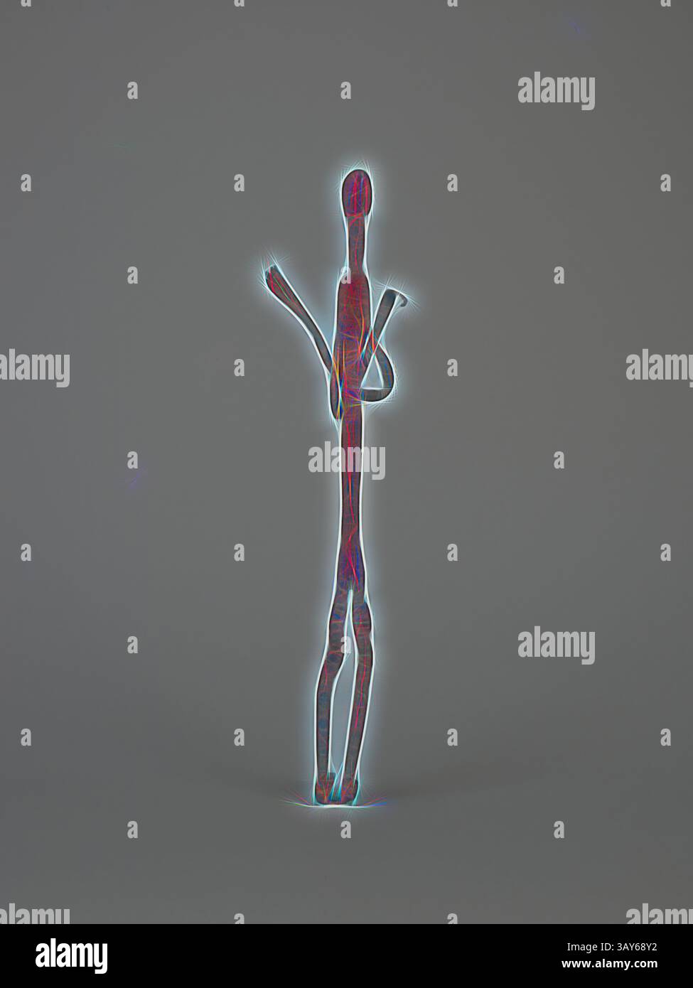 A slender, abstract figure stands upright, holding two objects, with a ...