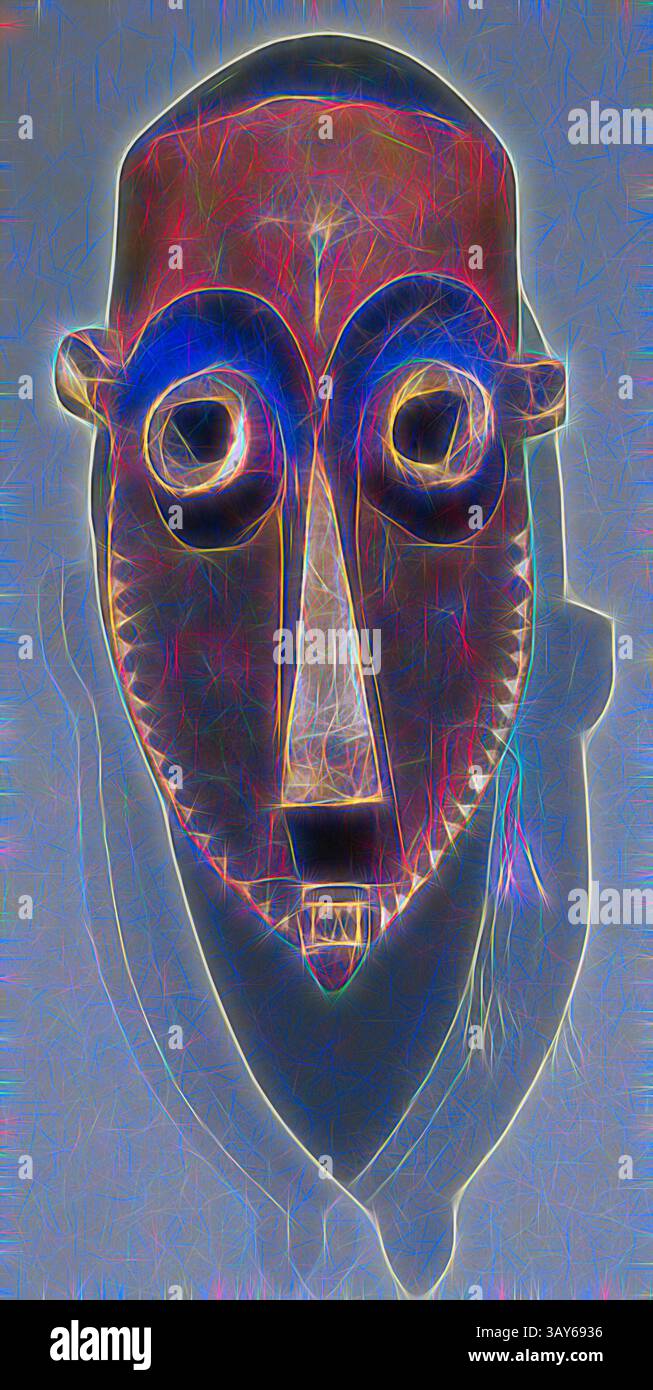 An intricately designed mask features bold facial features and large ...