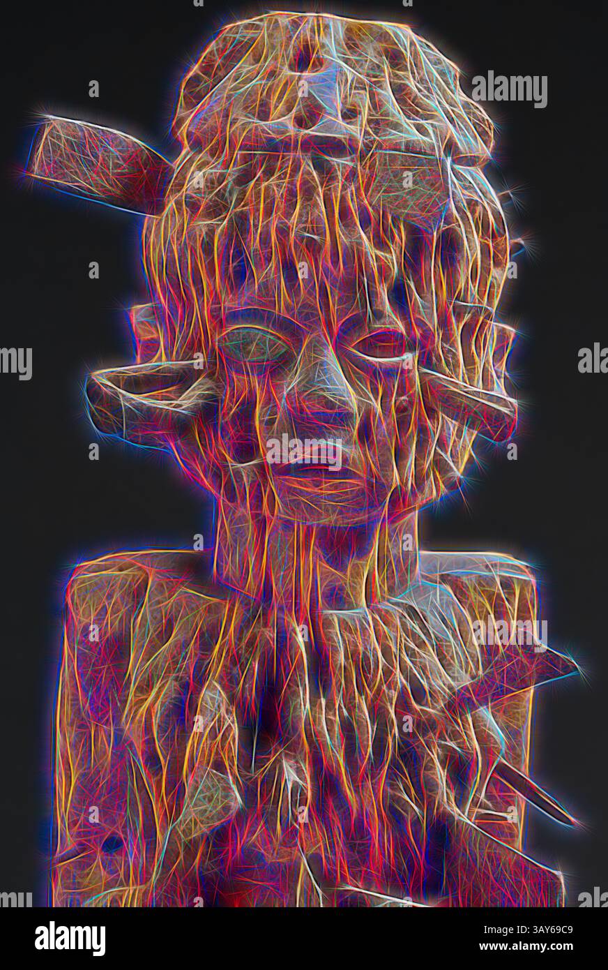 An intricately carved figure stands with a textured surface that hints ...