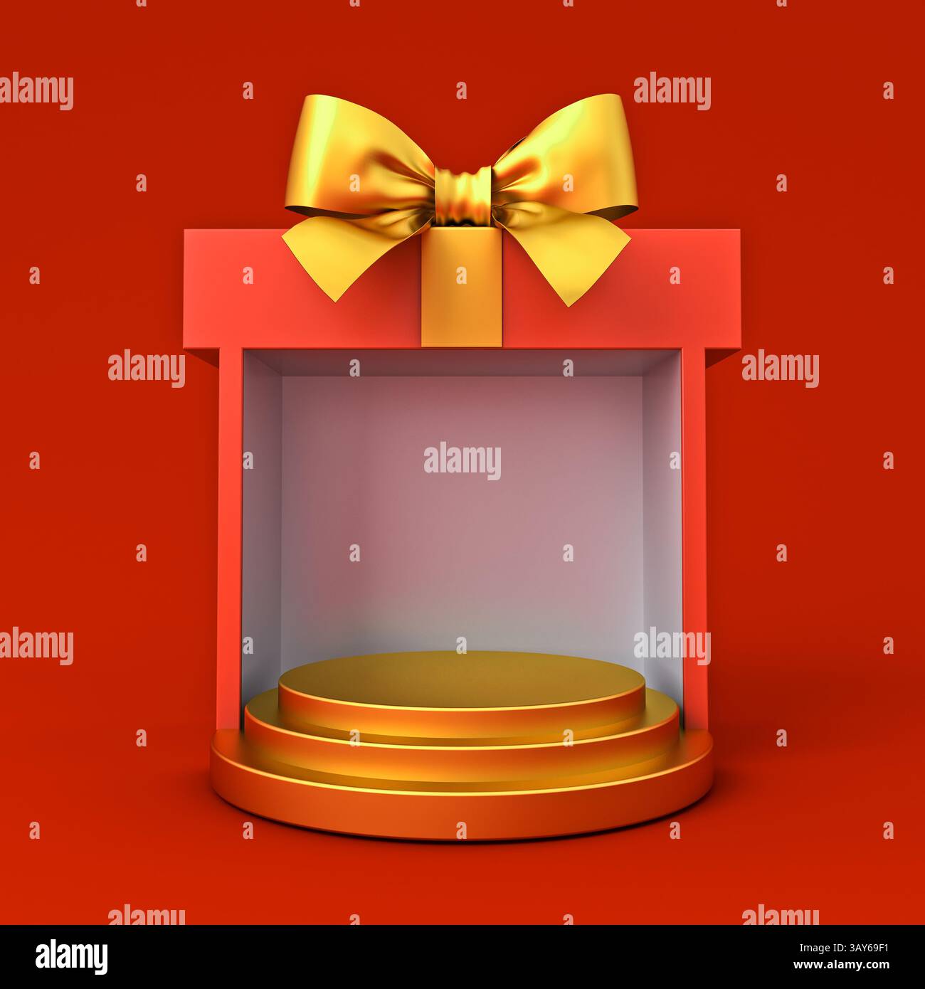 Blank round gold podium pedestal in red exhibition booth gift box ...