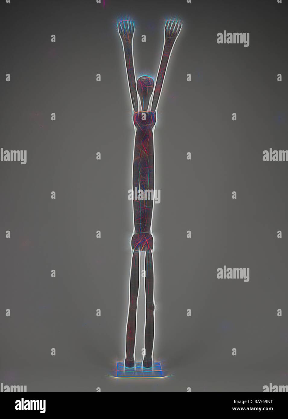 A tall, elongated figure with outstretched arms, designed in a ...