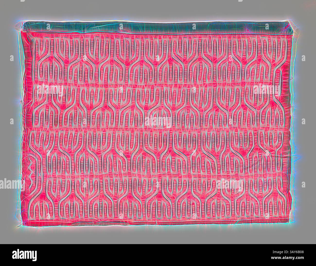 An intricate textile featuring a repetitive, abstract pattern that ...