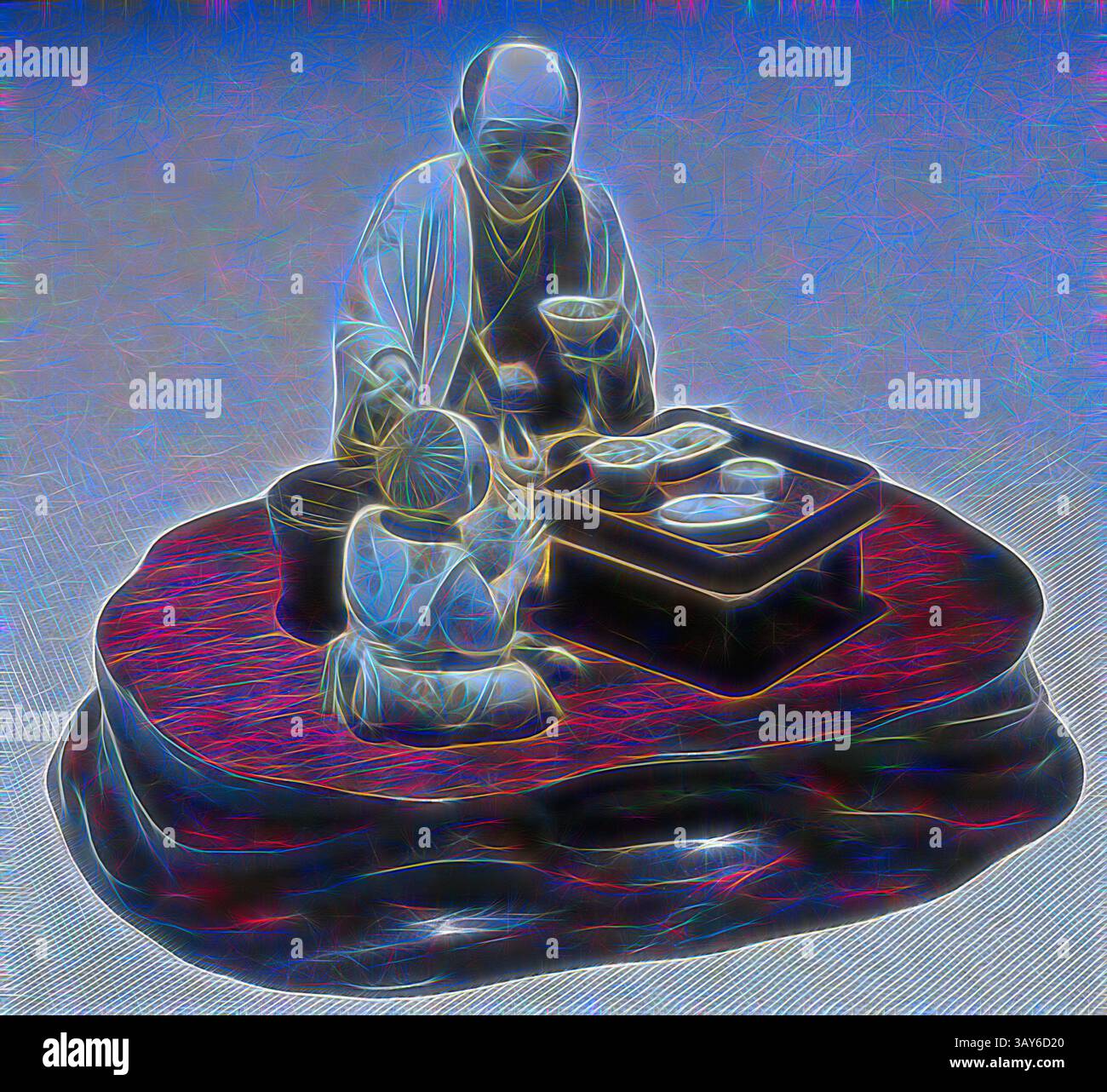 A serene scene depicting a figure serving a meal to a child, captured ...