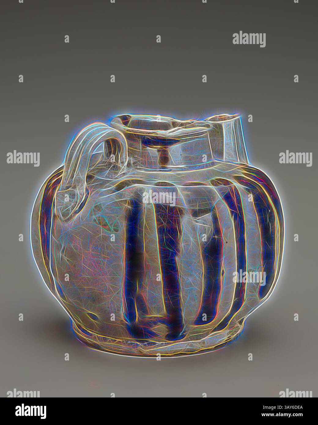 A translucent pitcher with a wavy handle and vertical stripes ...