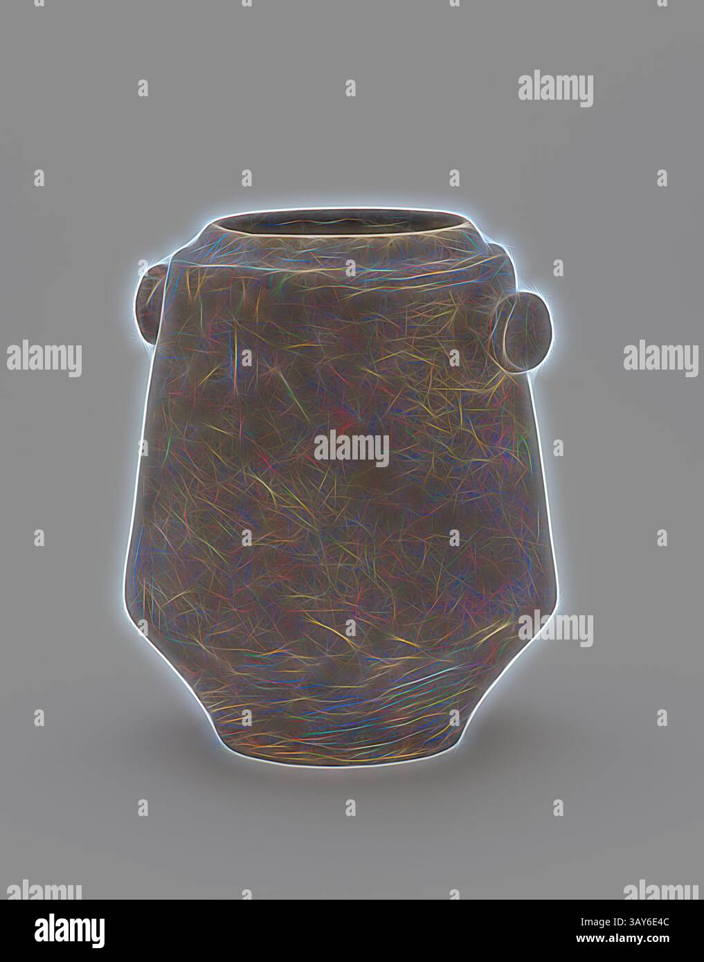 A textured ceramic pot with a tapered base and distinct rounded handles ...