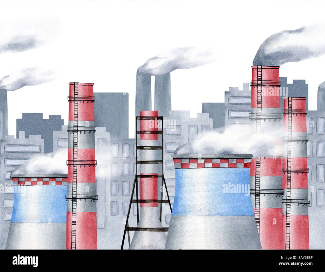 Smoke stack against backdrop of industrial grey city watercolor ...