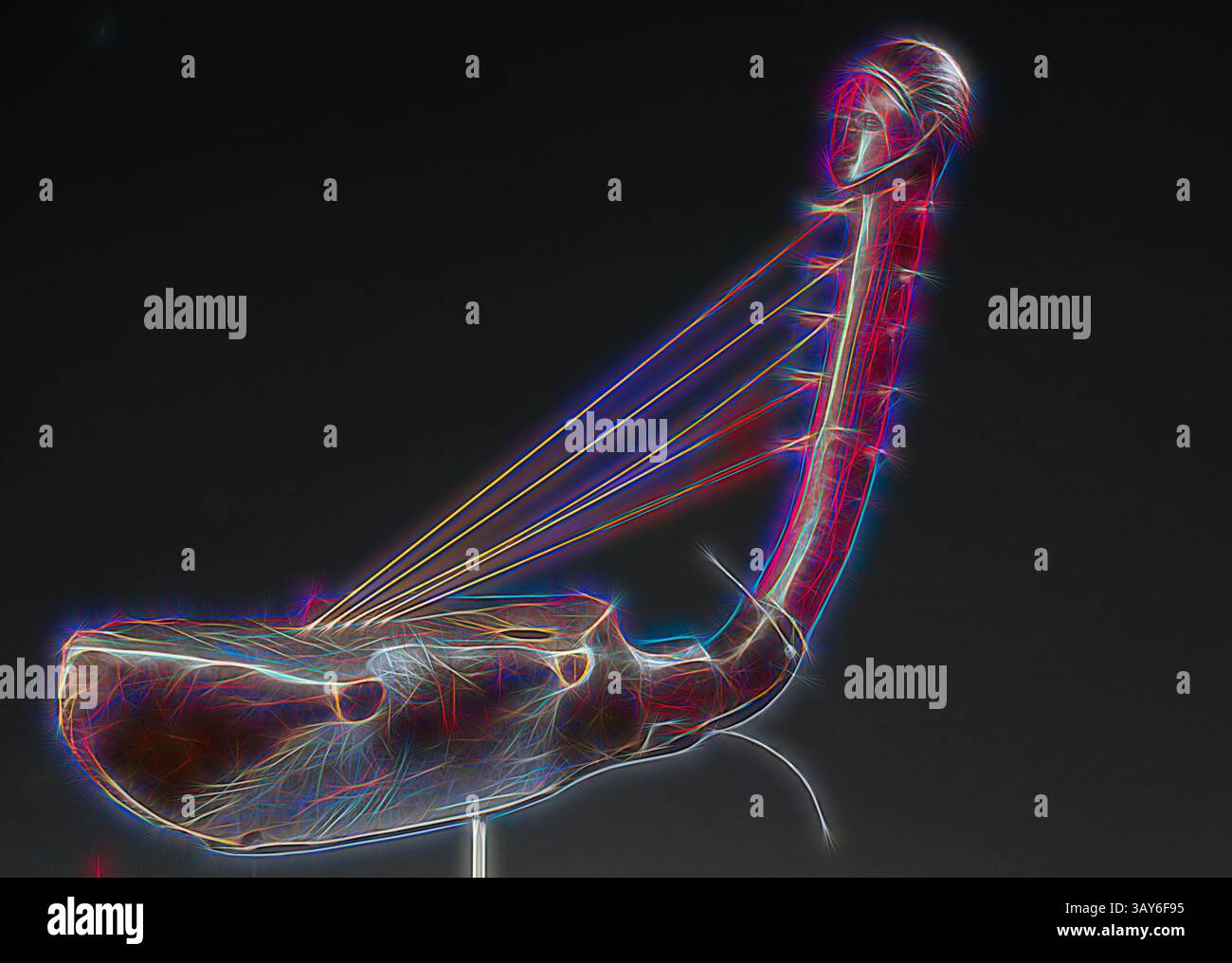 A stylized representation of a stringed instrument with a curved neck ...