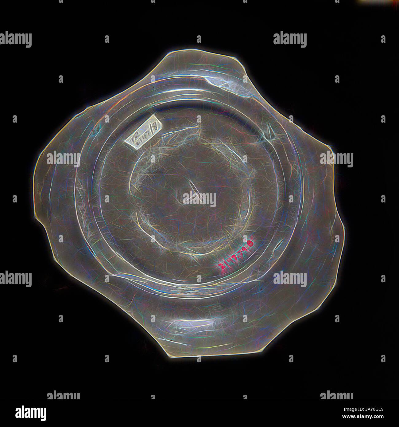 A translucent plate with a wavy, irregular edge, featuring subtle text ...