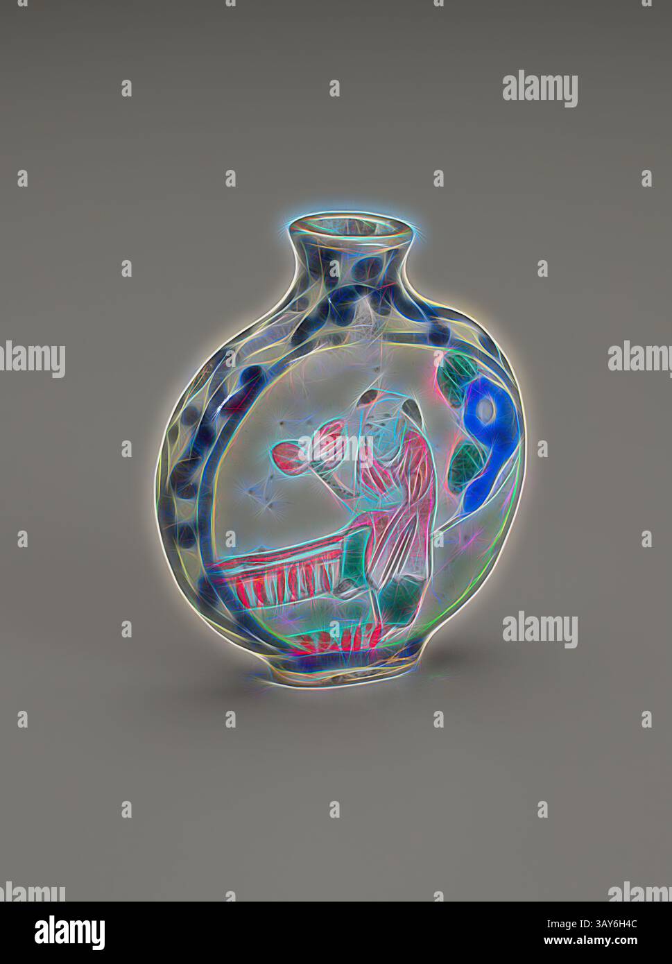 A decorative vase featuring an intricate design of a figure playing a ...