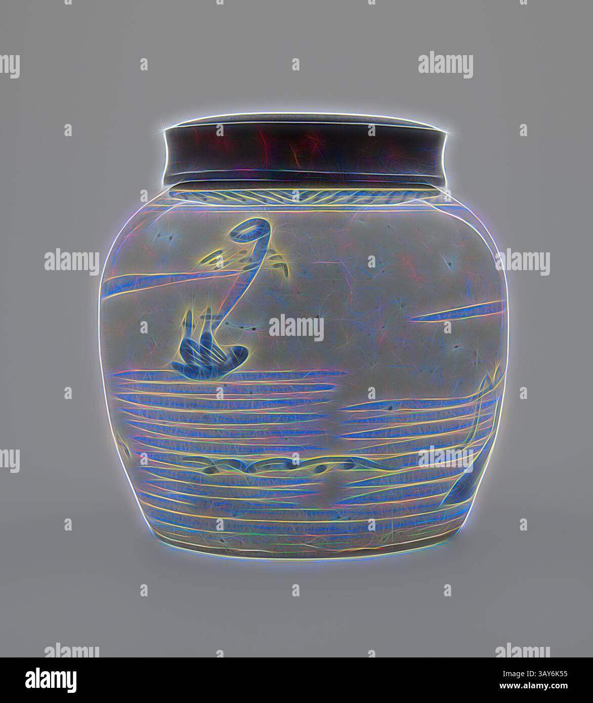 A decorative jar featuring intricate designs of birds and flowing lines ...
