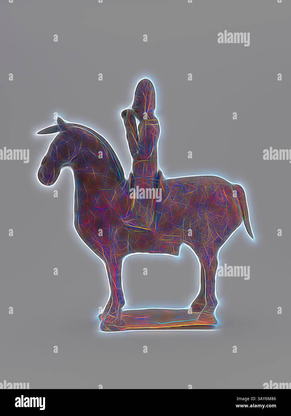 A striking sculpture of a figure seated atop a horse, rendered with ...