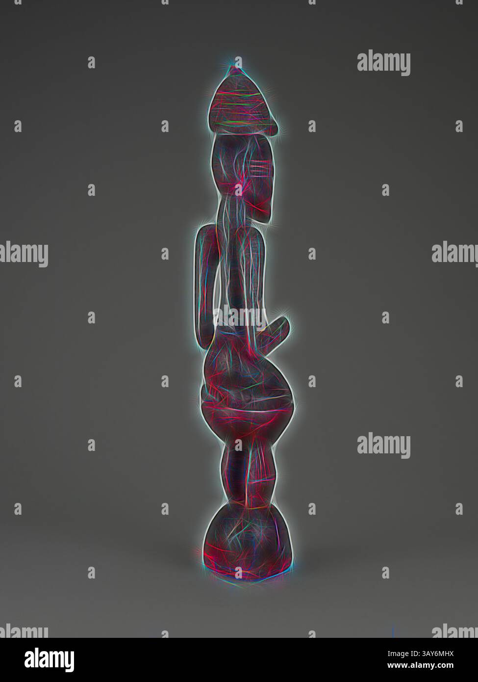 A stylized figure characterized by a slender form and exaggerated ...