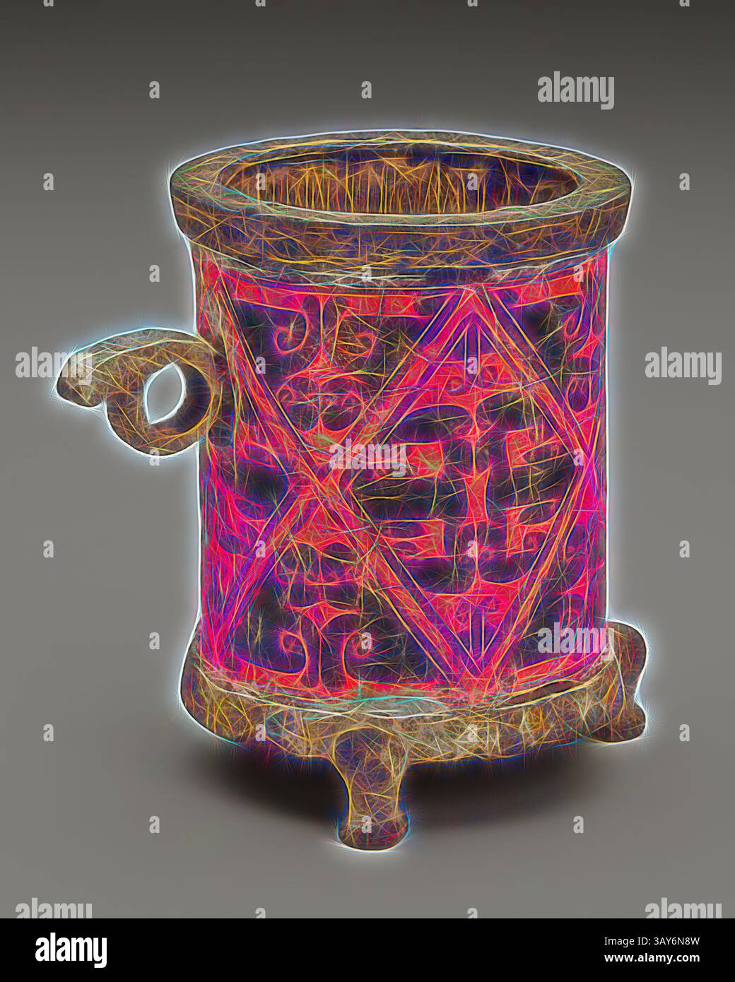 A decorative cylindrical container with intricate, colorful patterns ...