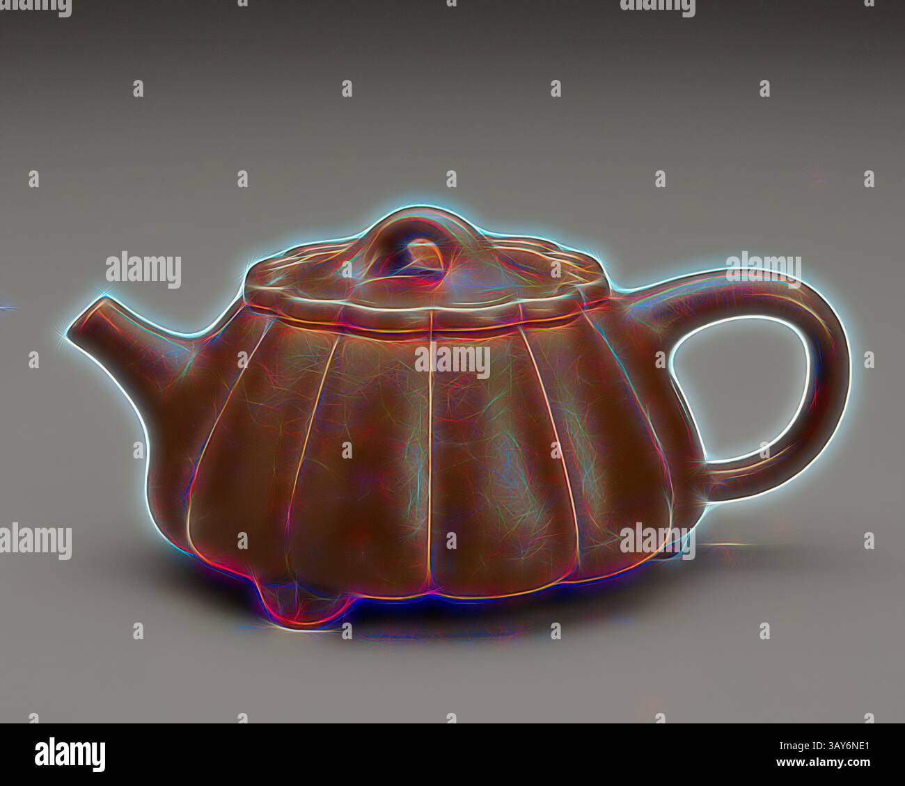 A decorative teapot with a rounded, pleated design and a curved handle ...