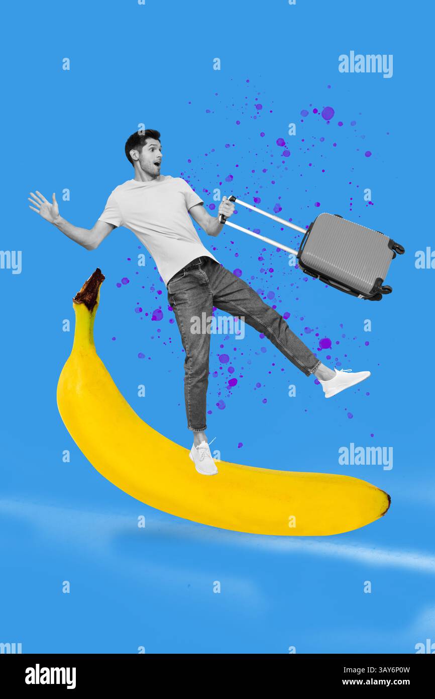 Collage banner of person stand big flying banana over blue color ...