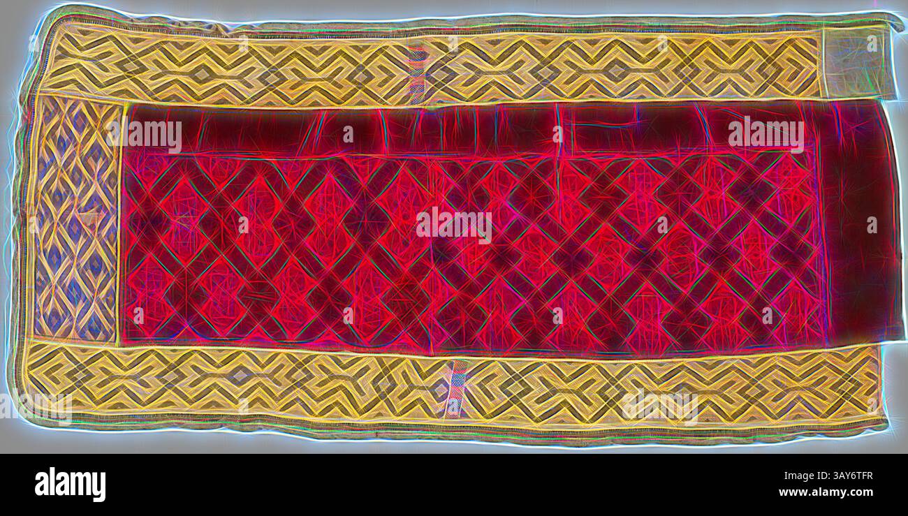 A richly patterned textile featuring intricate designs in vibrant red ...