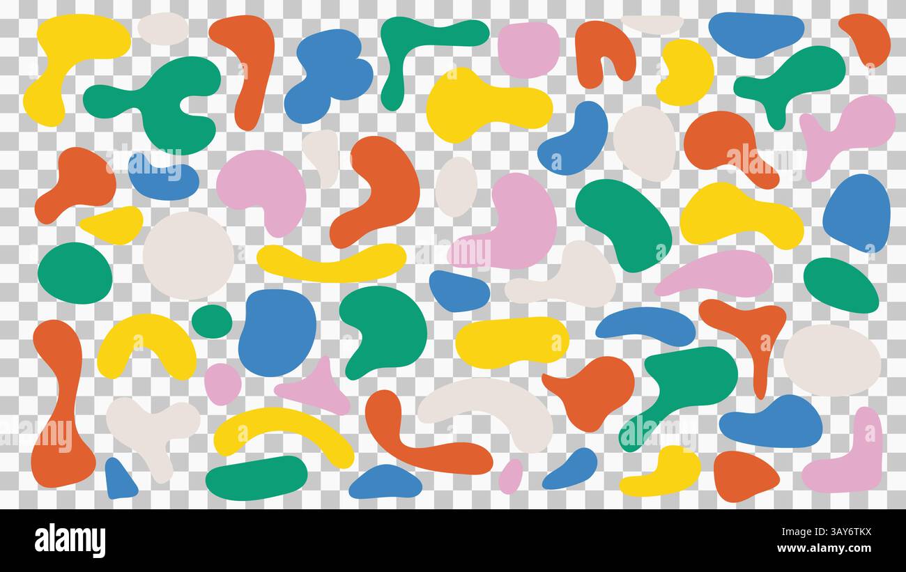 Abstract liquid and fluid blobs with geometric shapes on a transparent ...