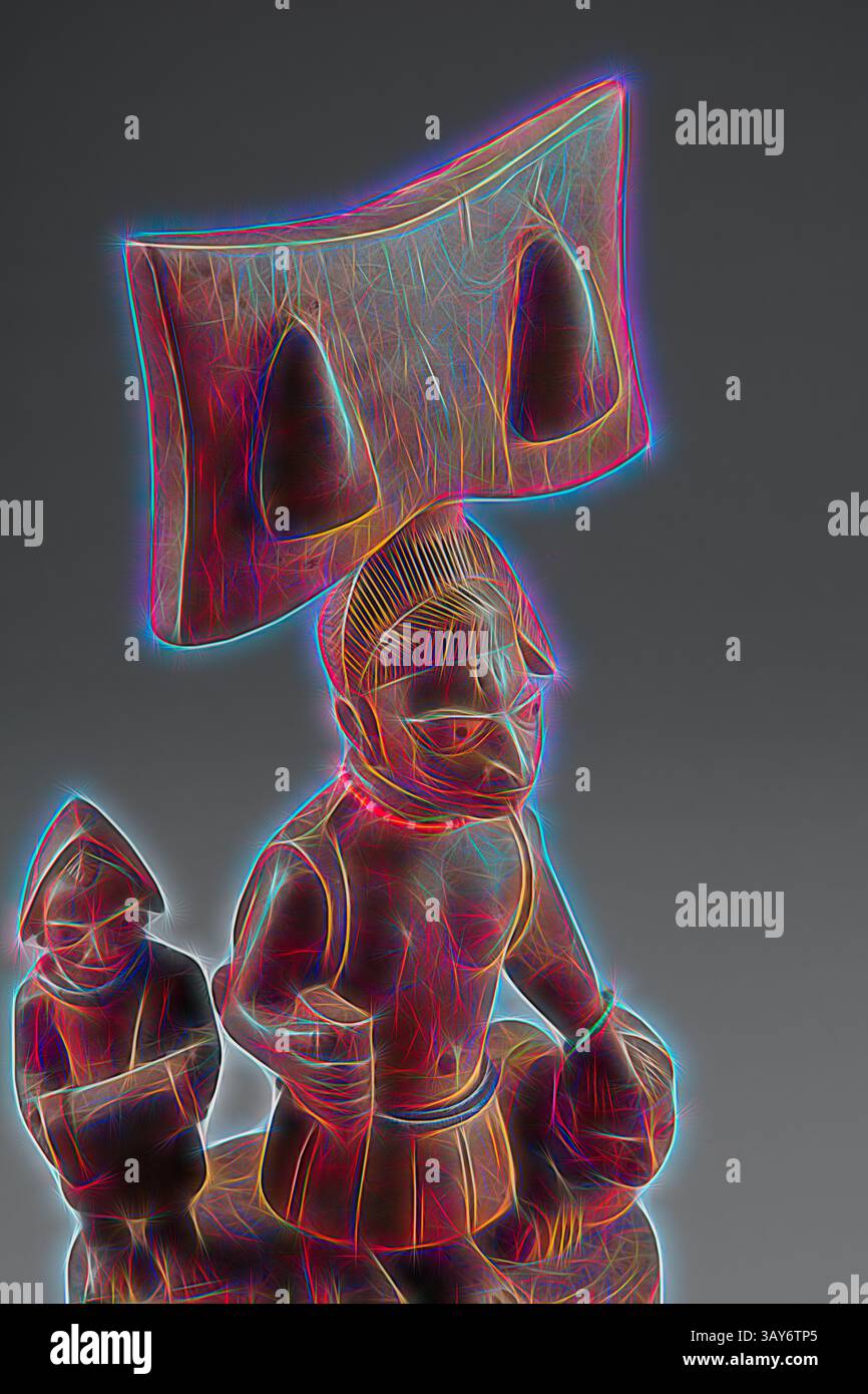 A stylized representation of two figures, one prominently carrying a ...