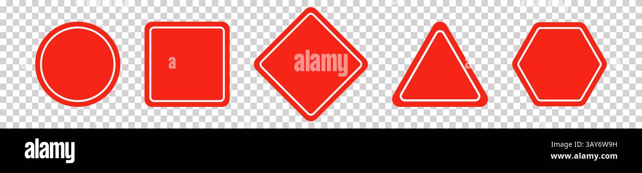 Set of round, square, rhombic, triangular and hexagonal red road signs ...