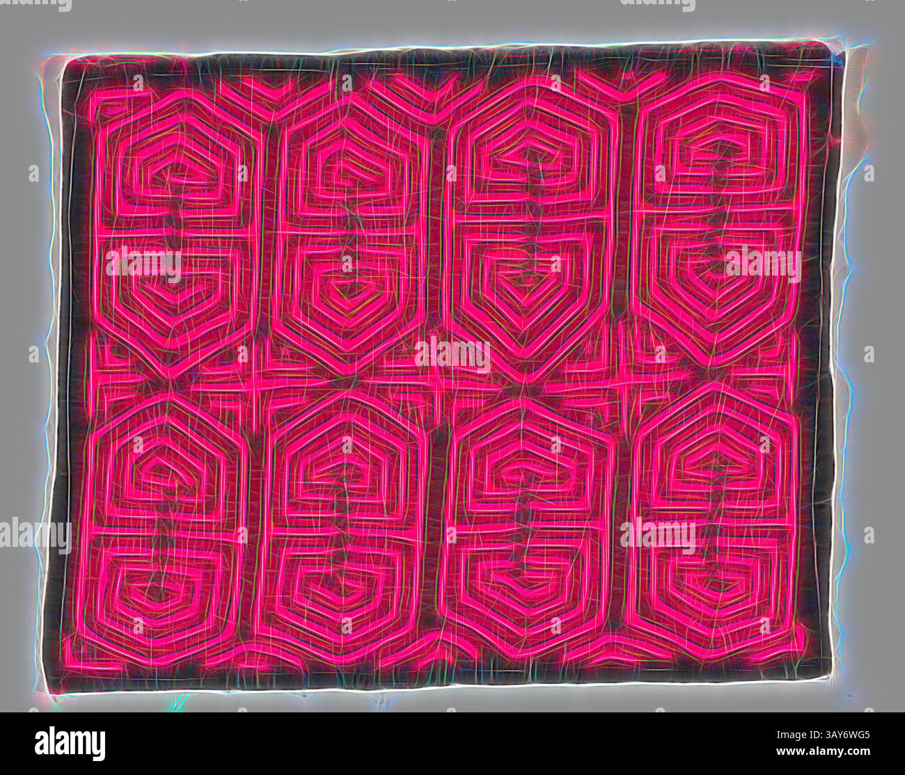 A vibrant geometric pattern featuring interlocking shapes in bold pink ...