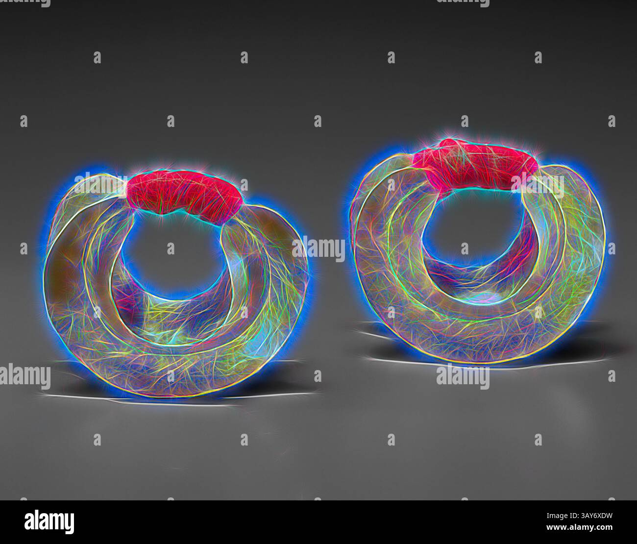 A pair of abstract, intertwined rings featuring vibrant, luminous ...