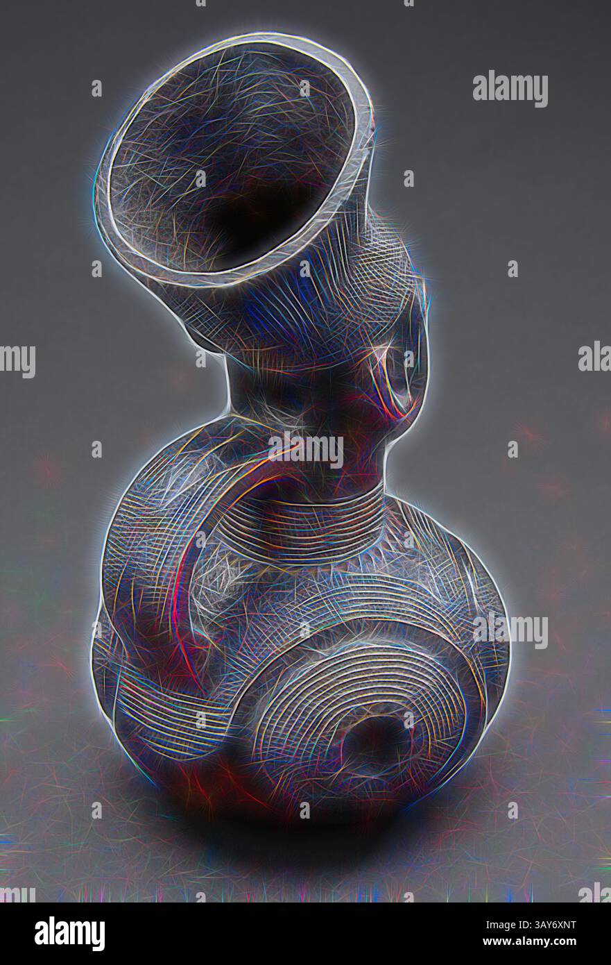 A uniquely shaped ceramic vessel featuring intricate patterns and ...