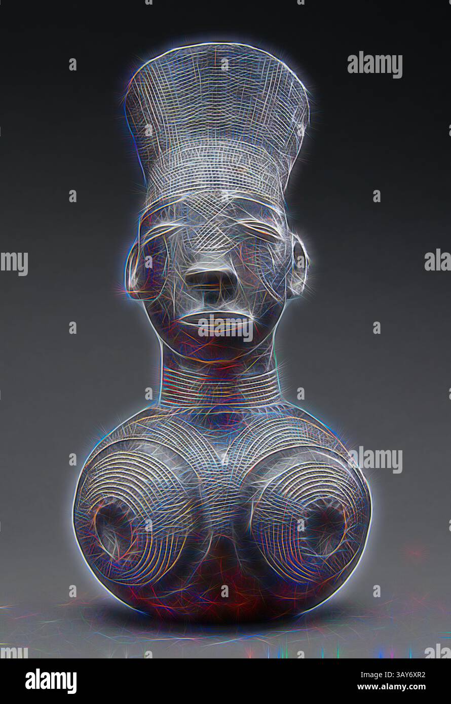 A stylized statue featuring a female figure with intricate line work ...