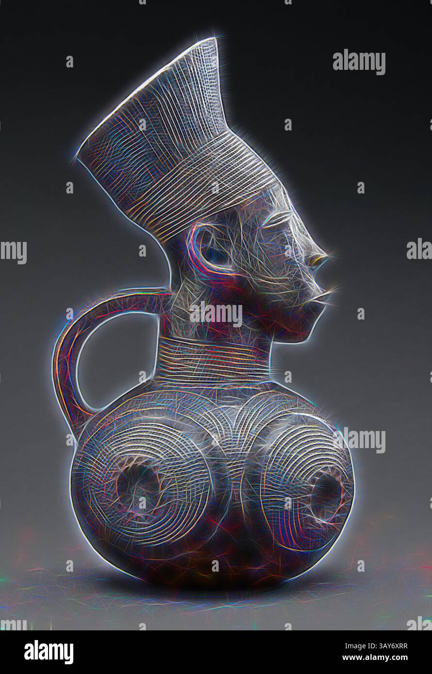 An intricately designed vessel featuring a human-like figure with a ...