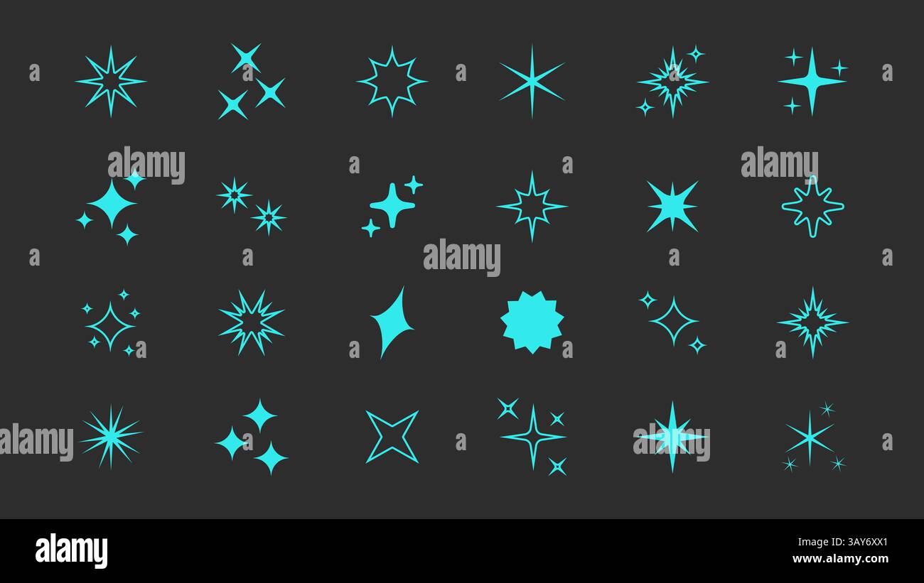 Set of outline star sparkle shapes with neon glow. Abstract shine ...