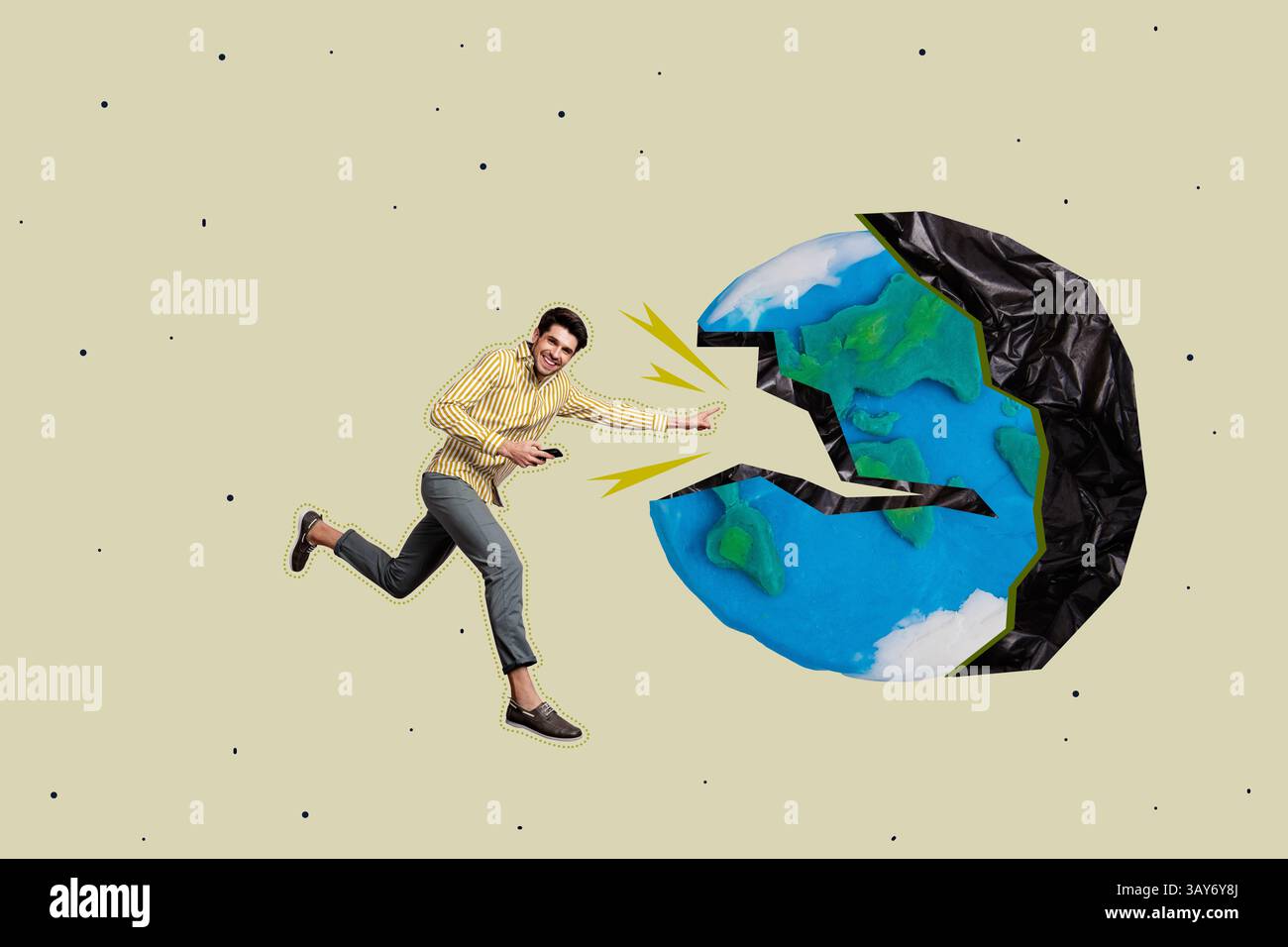 Creative pop poster sketch collage of happy guy run mouth destroyed ...