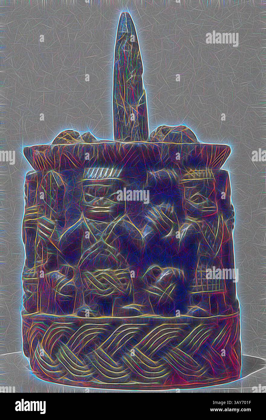 A decorative artifact featuring intricate carvings and vibrant patterns ...