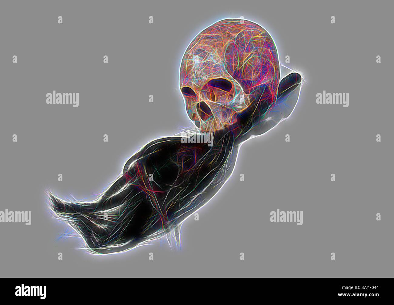 A stylized skull appears to float above an abstract, flowing figure ...