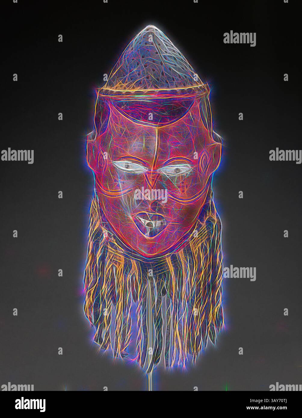 A stylized African mask featuring intricate facial features and a ...