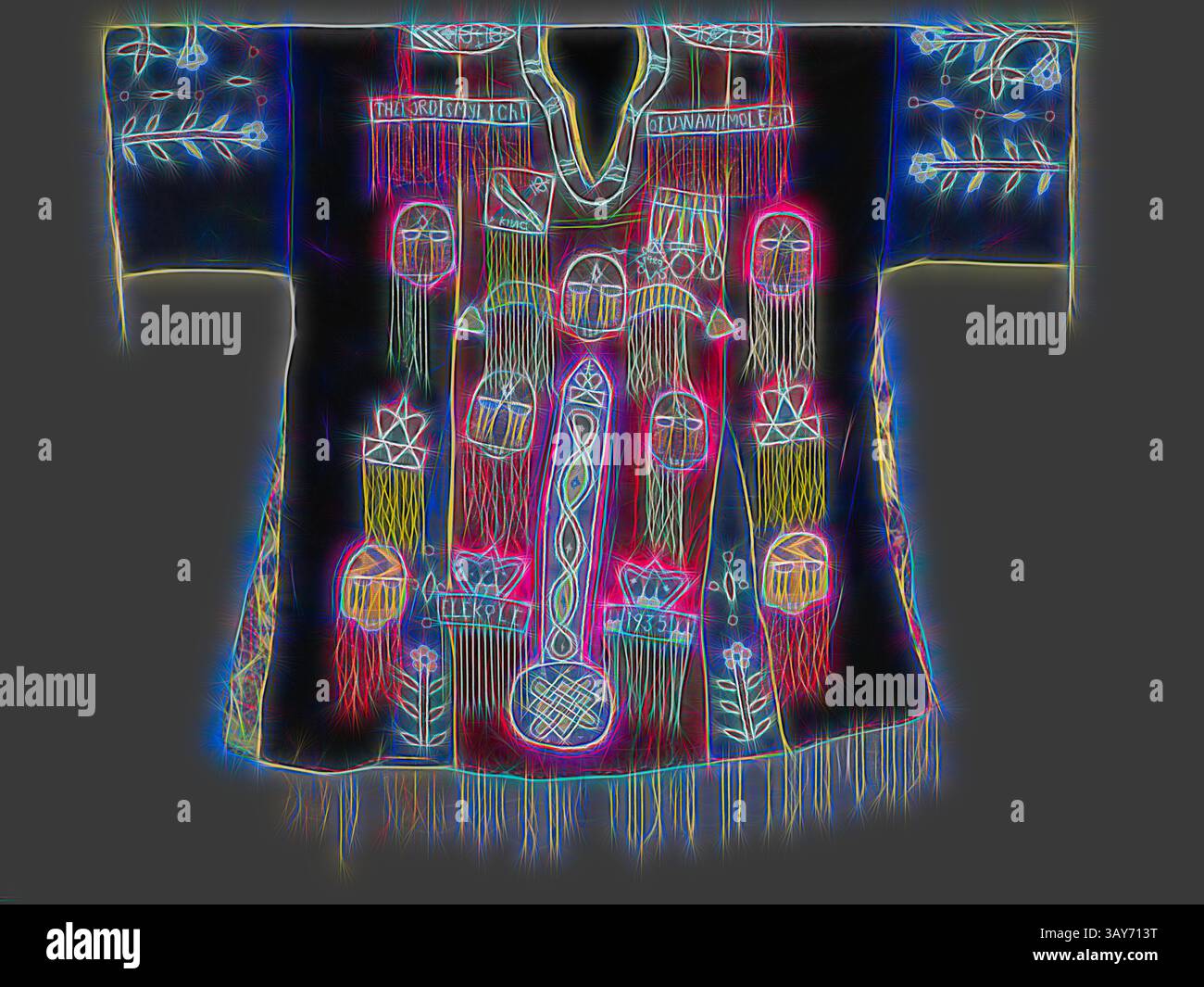 An intricately decorated garment featuring vibrant patterns and symbols ...