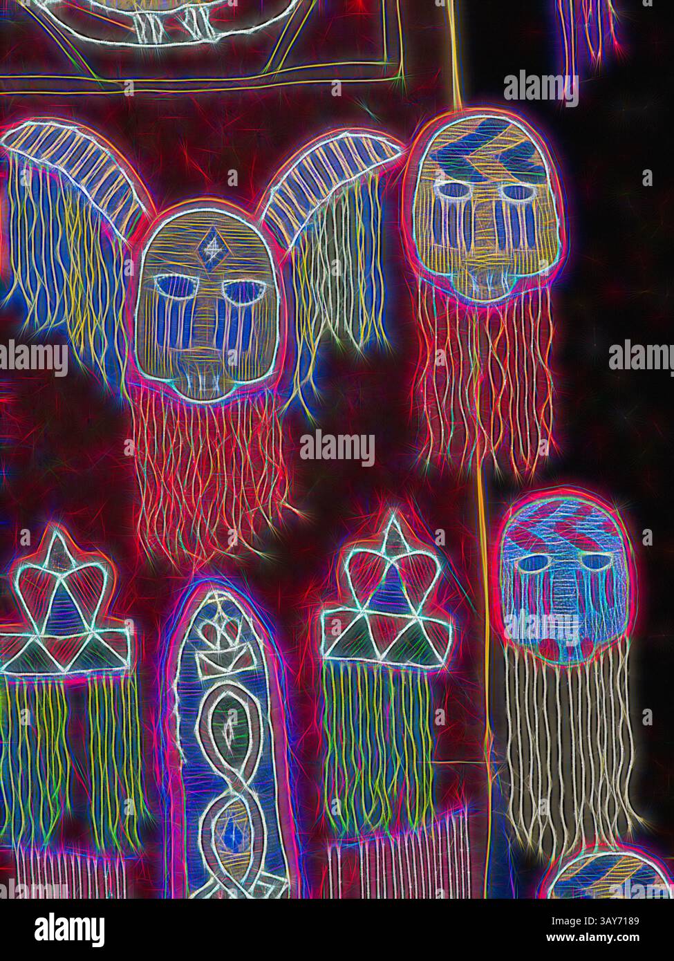 A vibrant, intricate display of masks featuring bold designs and ...